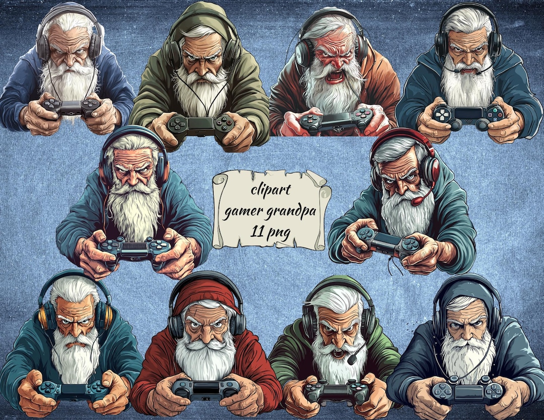Gamer Grandpa Clipart, Old Man Playing Video Games PNG | Funny Gaming ...