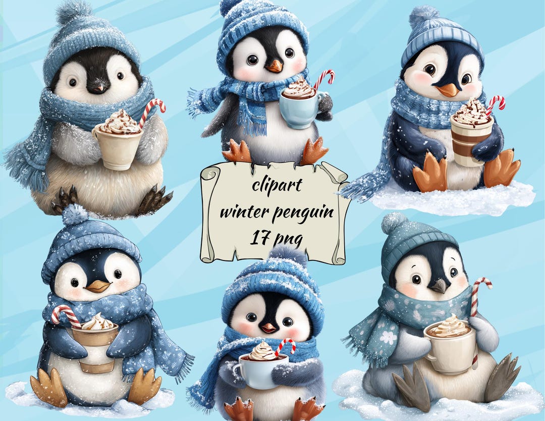 Winter Penguin Clipart Bundle, Cute Penguin PNG, Hot Cocoa Penguin Art ...