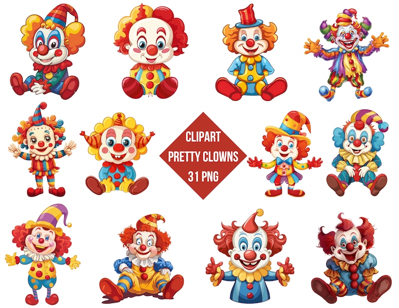 Clipart Pretty Clowns Party Clowns PNG Digital Print Funny Decor ...