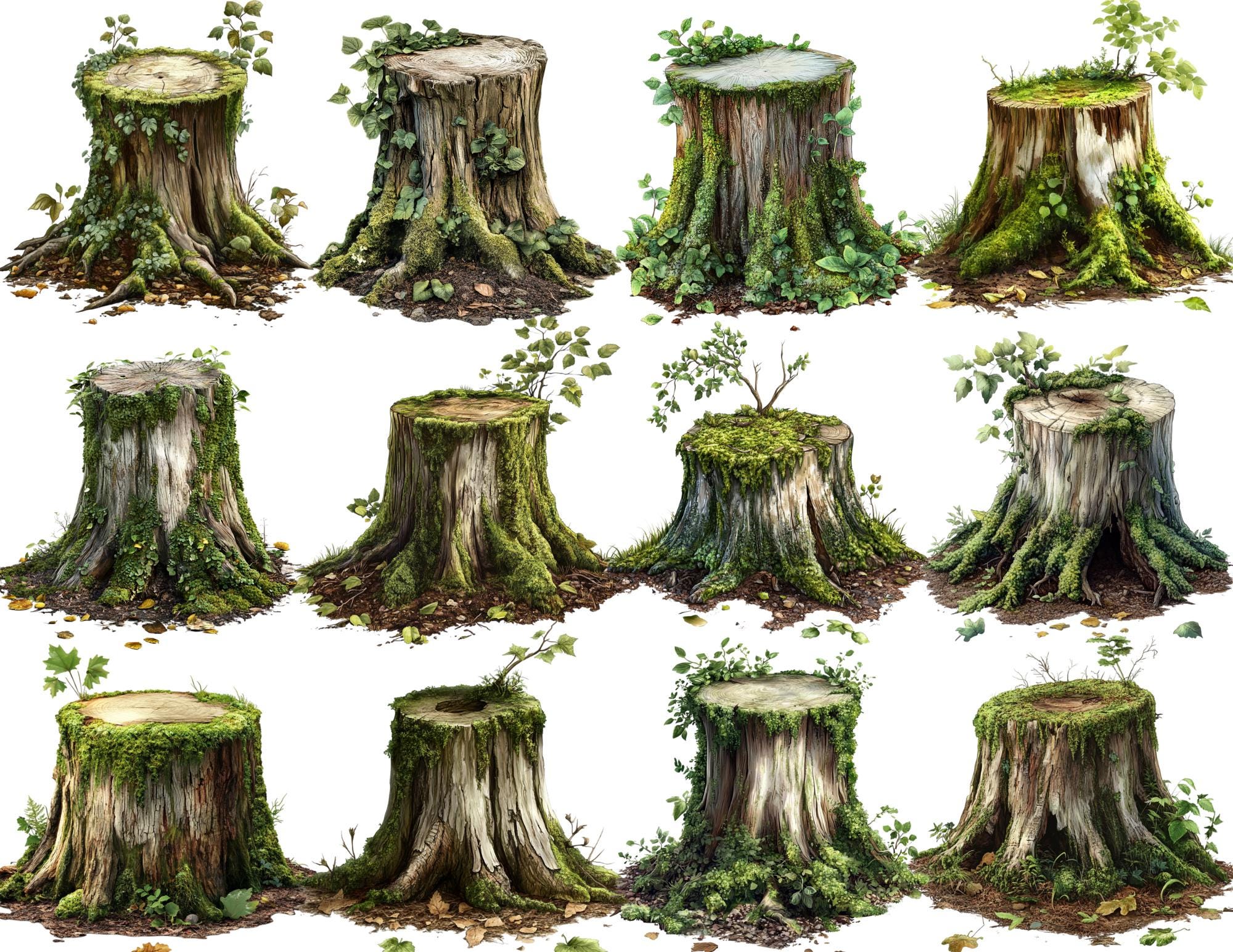 Tree Stump Clipart Bundle, Mossy Wood Logs PNG, Digital Forest ...