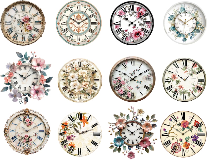 Floral Wall Clock Clipart, Vintage PNG Set (instant Download, Comercial ...