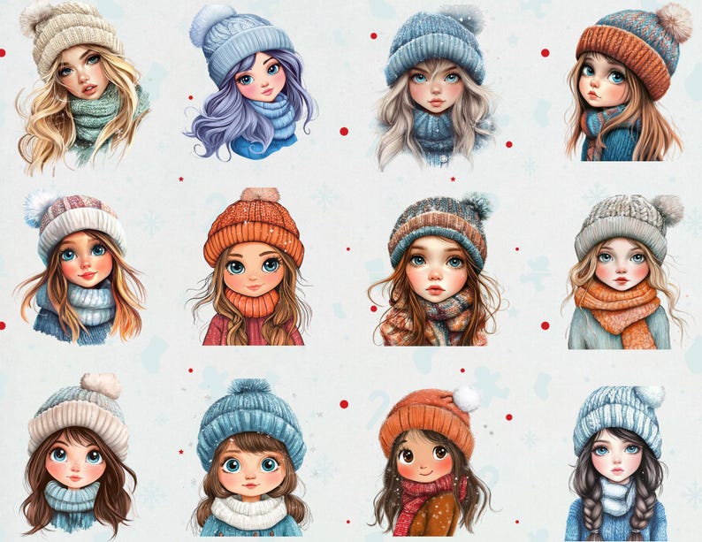 Winter Girls With Cozy Hats Clipart | Winter Vibes PNG | Digital Print ...