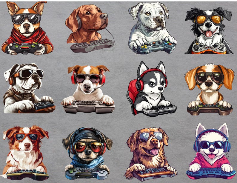 Gamer Dogs Clipart Set 48 PNG Digital Print Funny Dogs Perfect Decor ...