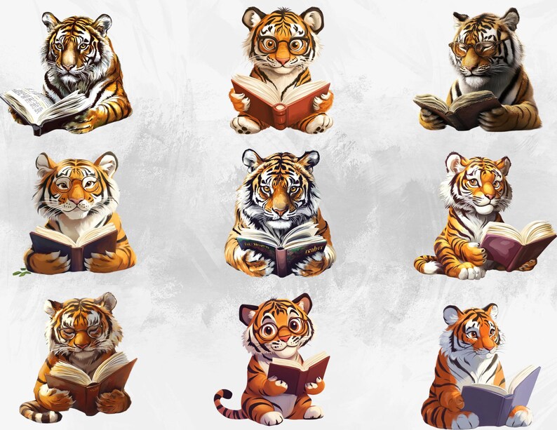 Clipart Tiger Reading Books 50 Pngs | Cute Animal Digital Art ...