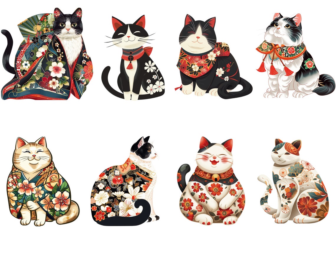 Clipart Japanese Cats | Japanese Cats PNG | Digital Print Japanese Cats ...