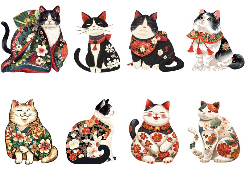 Clipart Japanese Cats | Japanese Cats PNG | Digital Print Japanese Cats ...