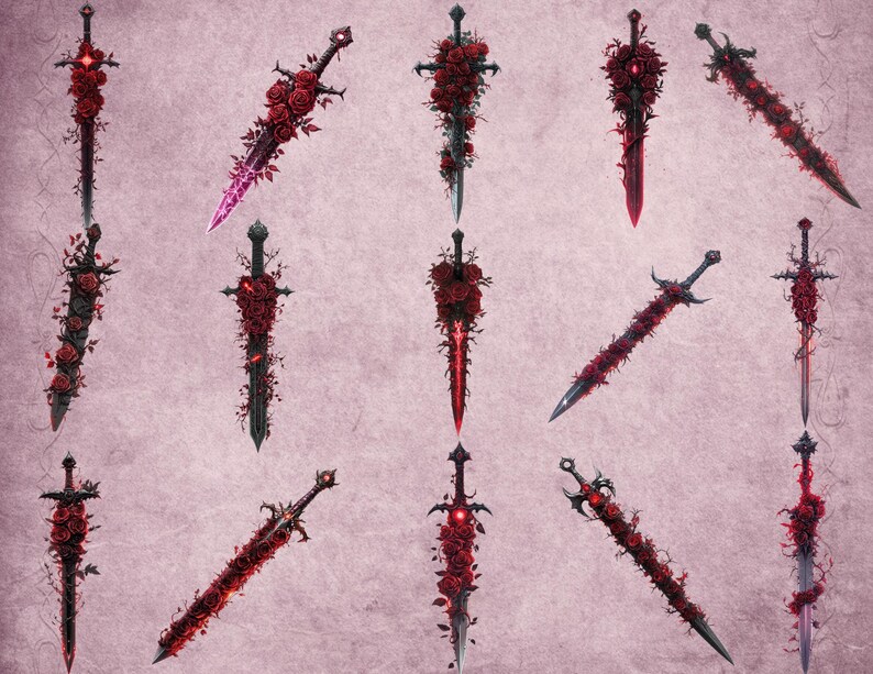 Gothic Sword Clipart: Dark Rose Blade PNG Set (60 Files, Commercial Use ...