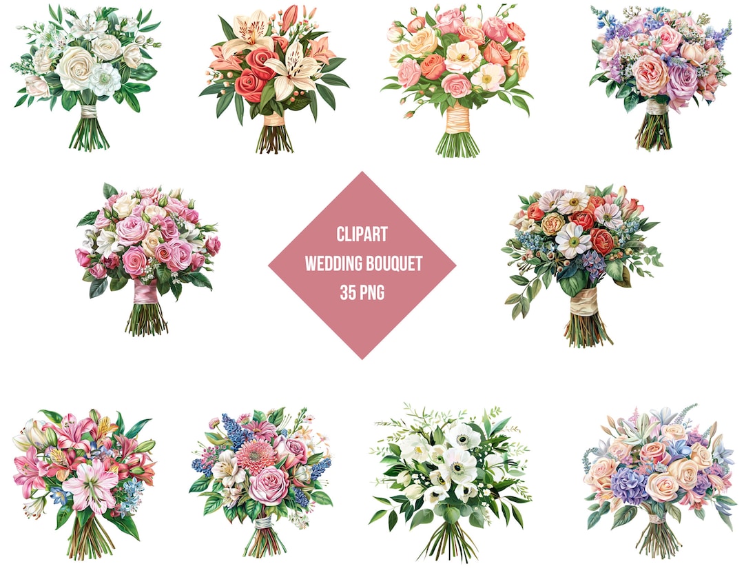 Wedding Bouquet Clipart Bundle, Floral PNG Set, Digital Bridal Flower ...