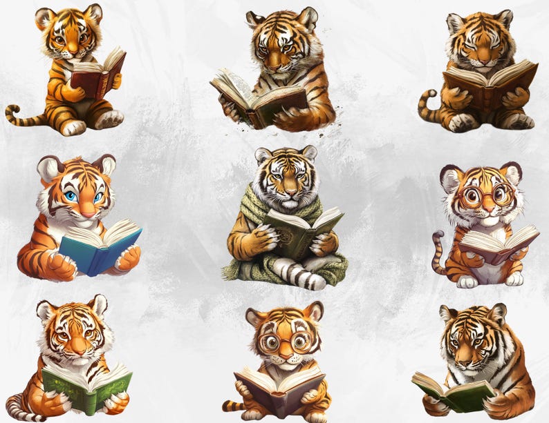 Clipart Tiger Reading Books 50 Pngs | Cute Animal Digital Art ...