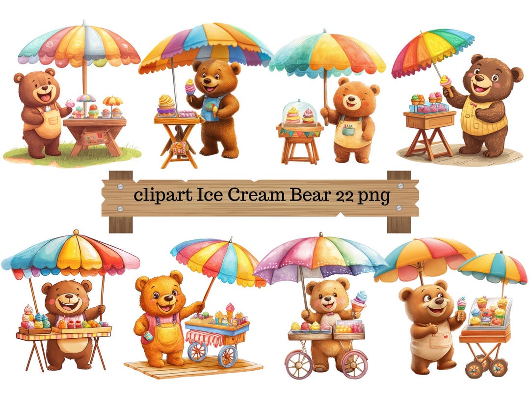 Ice Cream Bear Clipart | Summer Bear PNG | Ice Cream Stand Clipart ...