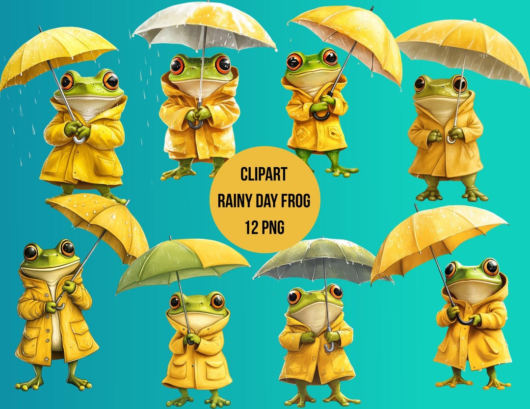 Rainy Day Frog Clipart Bundle, Cute Frogs With Umbrella PNG, Spring ...