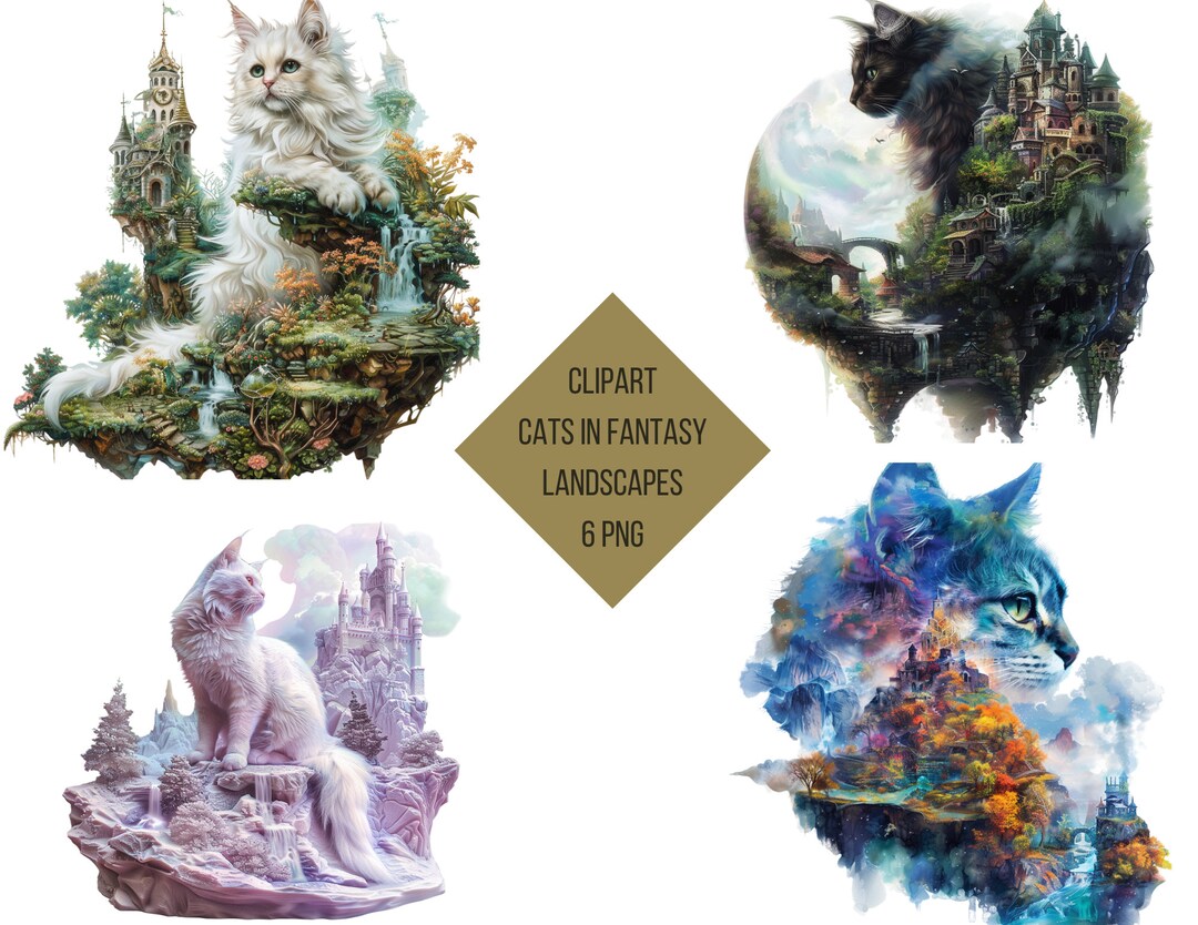 Clipart Cats in Fantasy Landscapes | Cats in Fantasy Landscapes PNG ...