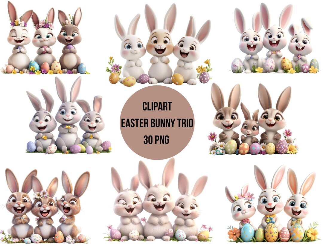 Easter Bunny Trio Clipart, Cute Rabbit Family PNG Bundle, Digital ...