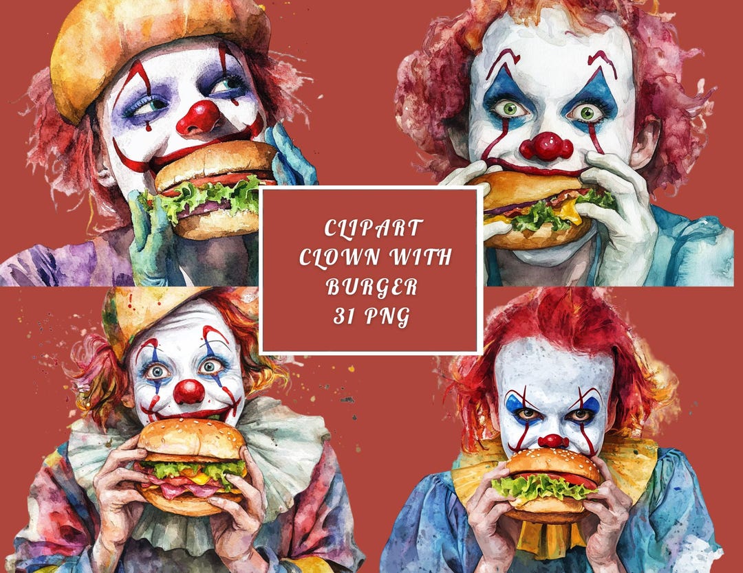 Clown With Burger Clipart Bundle | Watercolor Funny Clowns 31 PNG ...