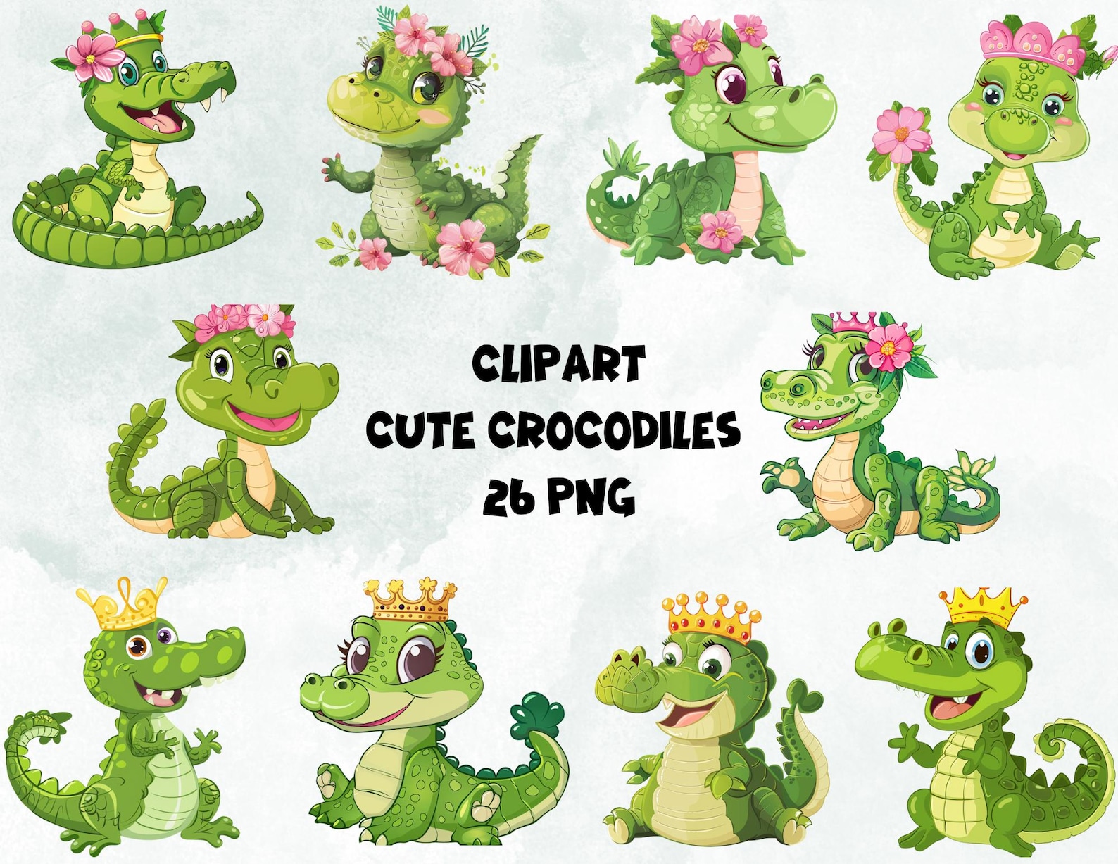 Clipart Pretty Crocodiles | Crocodiles With Crowns PNG | Digital Print ...