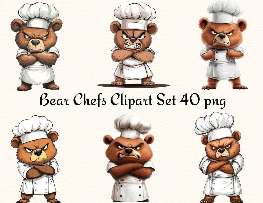 Funny Bear Chefs Clipart Bundle, Cute Cooking Bears PNG, Digital Angry ...