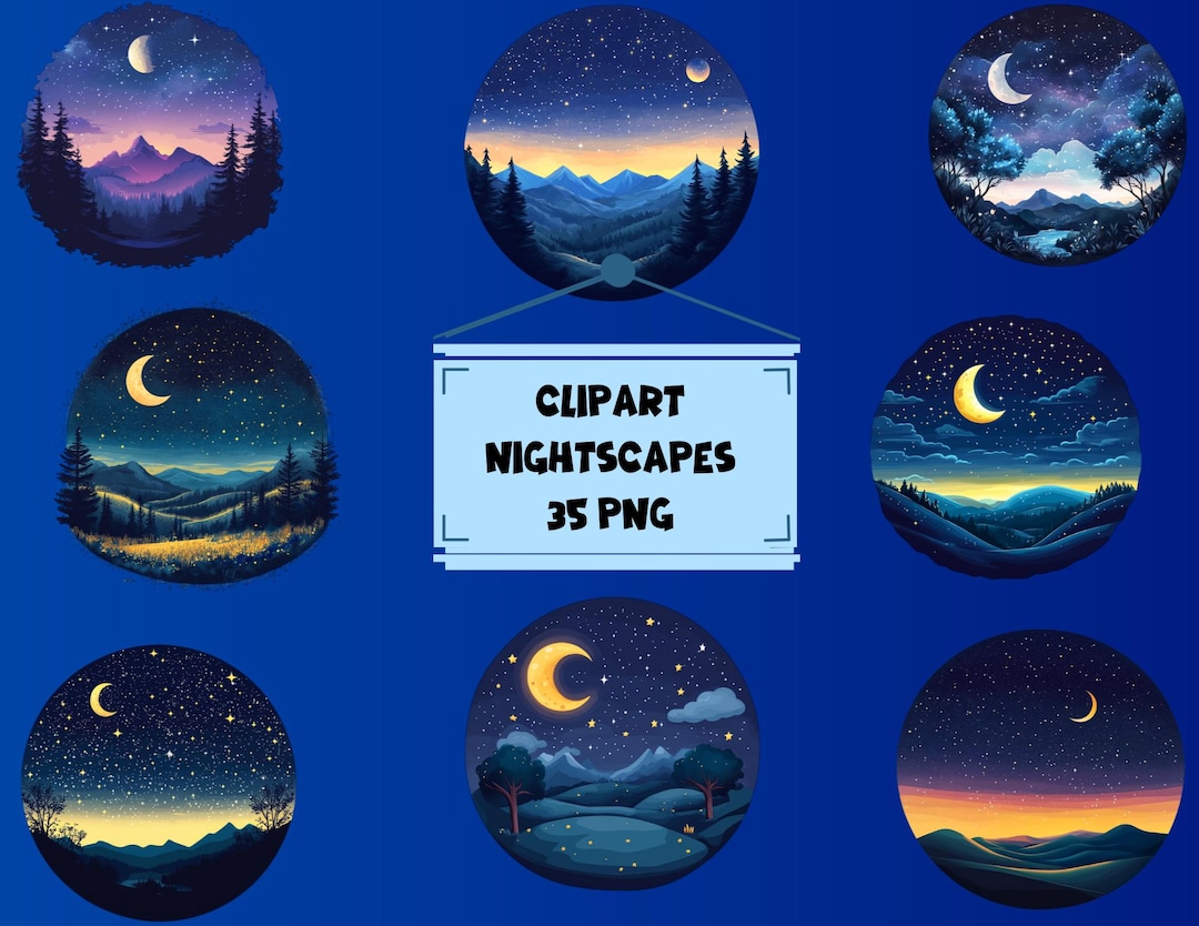 Moonlit Nightscapes Clipart | Starry Nightscape Digital Print | Digital ...