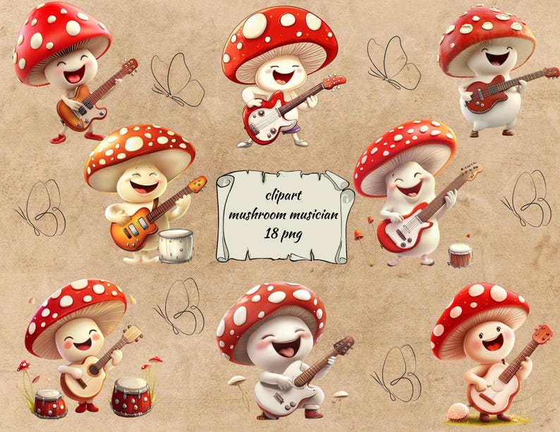 Mushroom Musician Clipart | Cute Fungi Guitarist PNG | Rock and Roll ...
