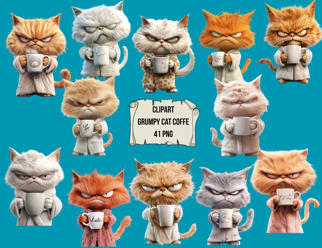 Grumpy Cat Coffee PNG Clipart Bundle: Funny Angry Cats (commercial Use ...