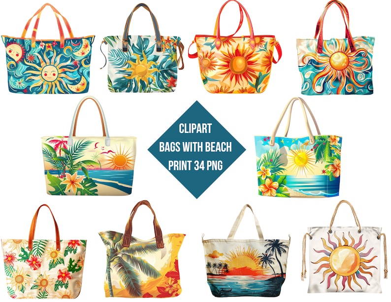 Beach Bag Clipart Bundle | Summer Tote PNG | Digital Tropical Bag ...