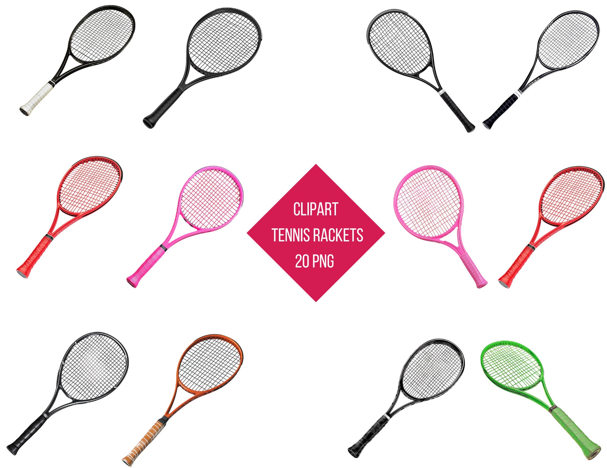 Tennis Rackets Clipart | Stylish Tennis Racket Illustrations | Digital ...