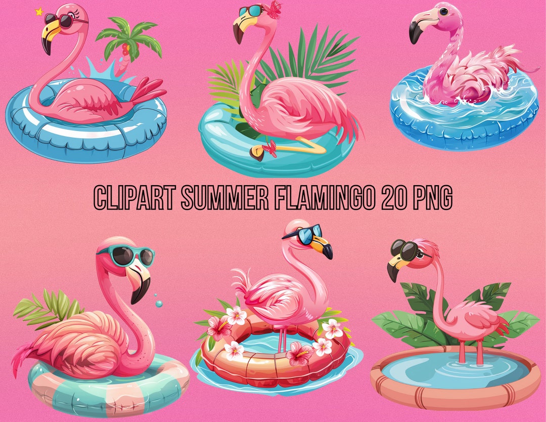 Summer Flamingo Clipart Bundle, Tropical Beach Digital PNG Set, Digital ...