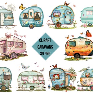 Clipart Pretty Caravans | Vintage Caravans PNG | Digital Print Caravans ...