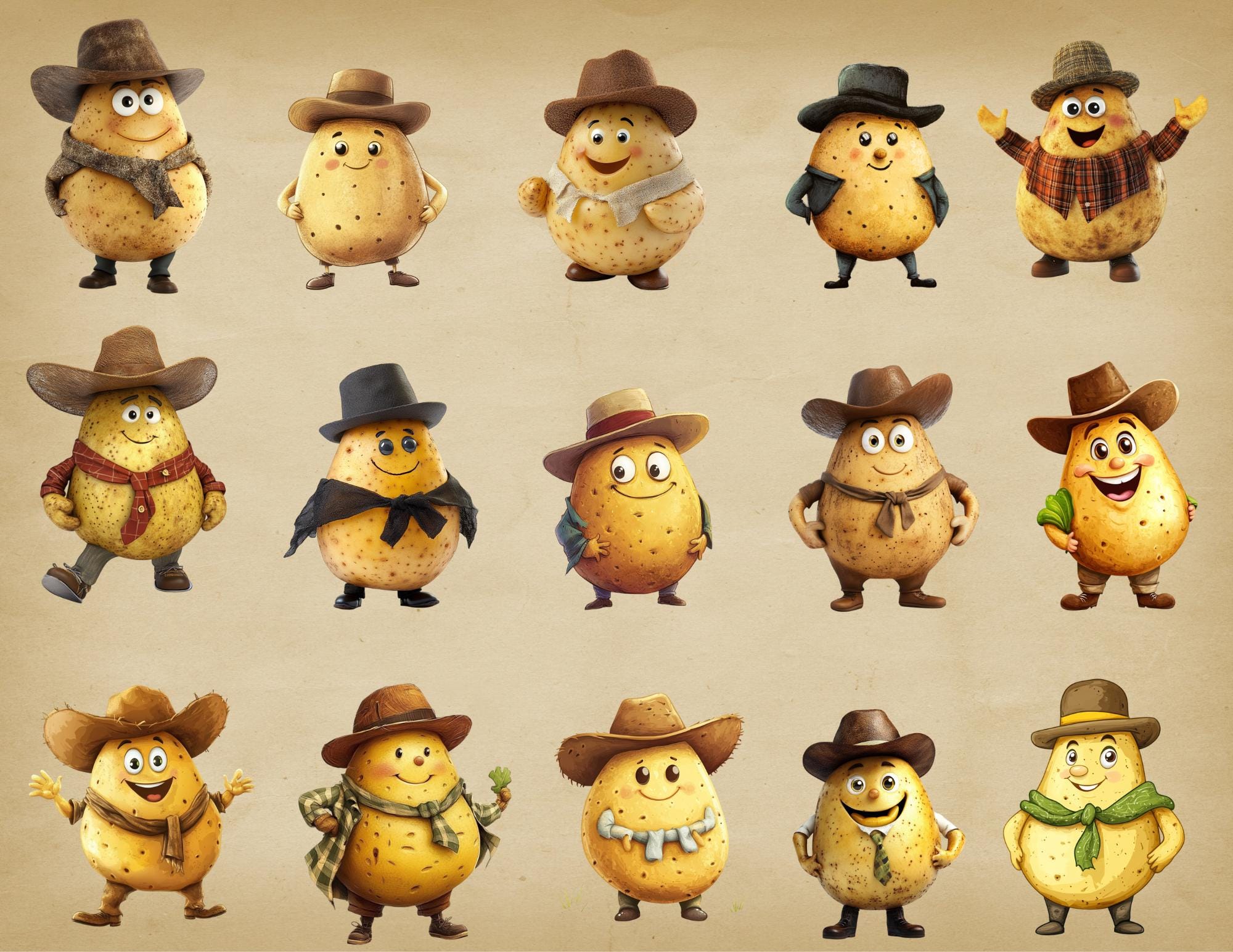 Funny Potatoes Clipart, Cowboy Potato Characters for Creative Designs ...