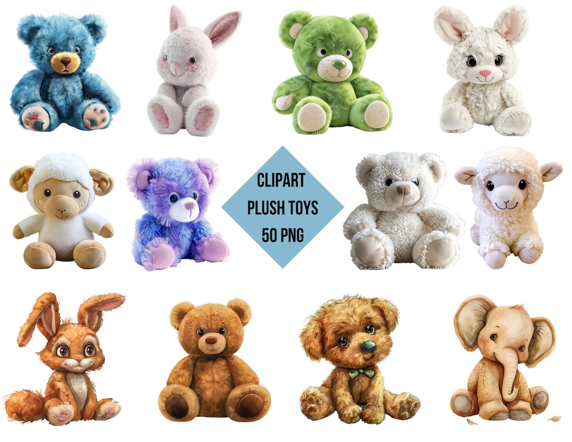 Adorable Plush Toy Clipart, 50 PNG, Cute Teddy Bears, Bunnies, Nursery ...