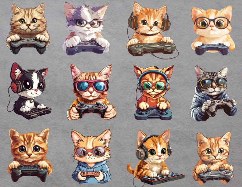 Gamer Cats Clipart Funny Cats PNG Digital Print Cats With Headsets and ...