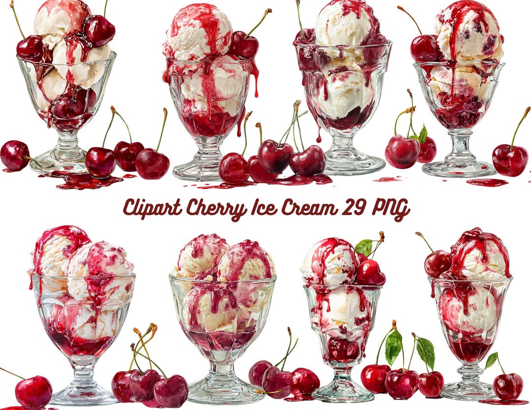 Watercolor Cherry Ice Cream Clipart Set: Summer Dessert PNG (digital ...