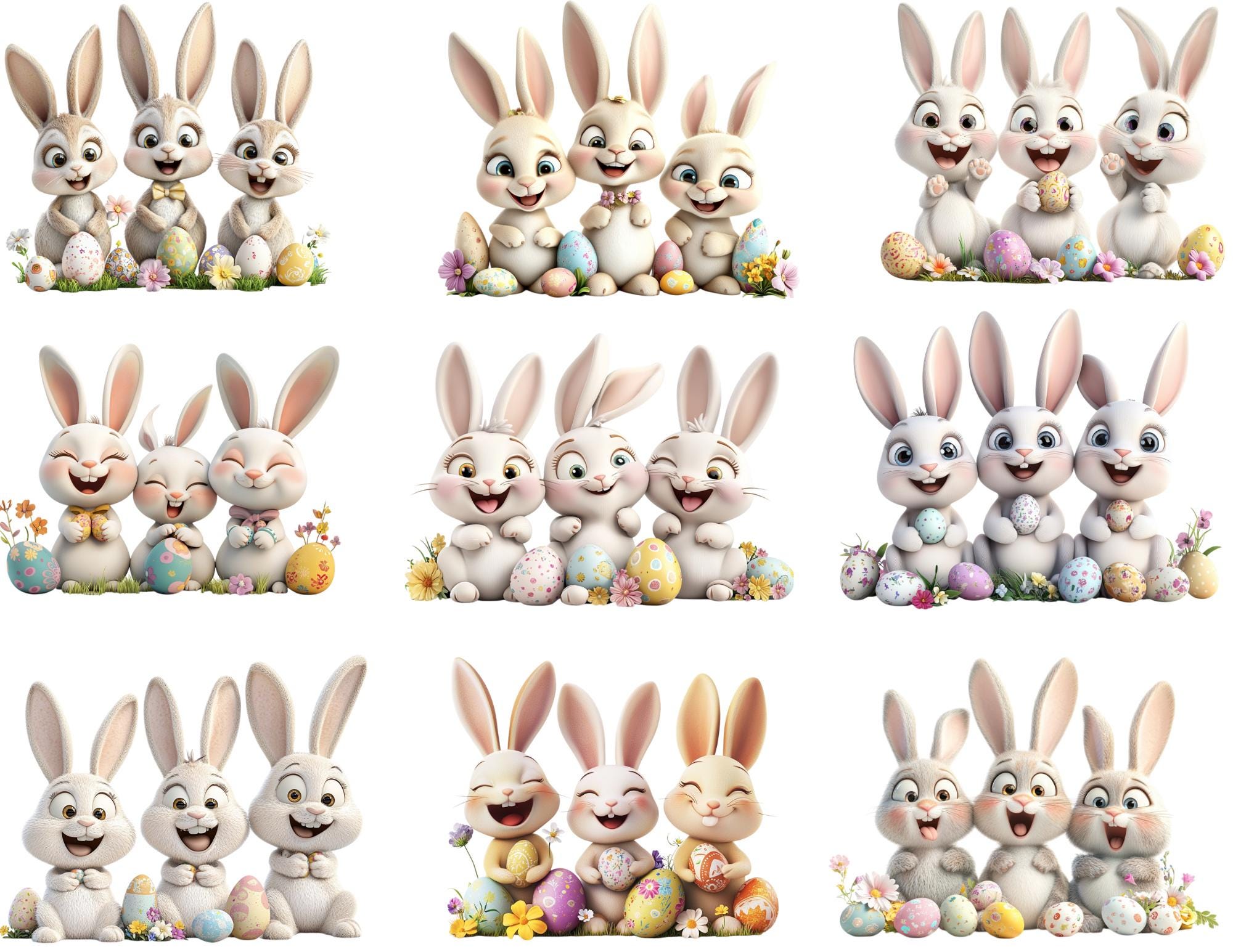 Easter Bunny Trio Clipart, Cute Rabbit Family PNG Bundle, Digital ...