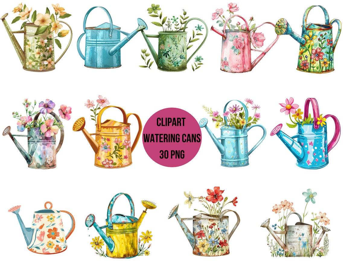 Watering Cans Clipart Bundle | Floral Garden PNG | Digital Spring Water ...