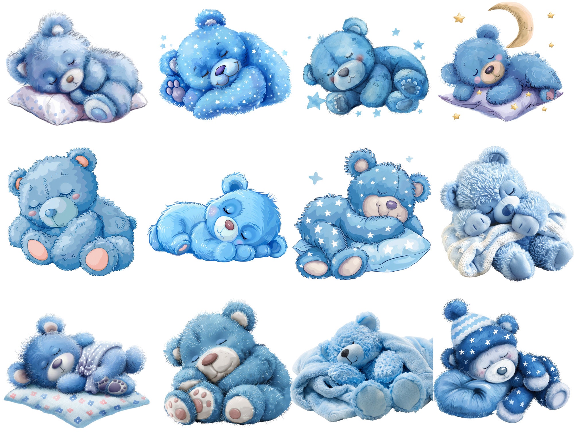 Clipart Cute Teddy Bears | Digital Print Sleeping Teddy Bears | Blue ...