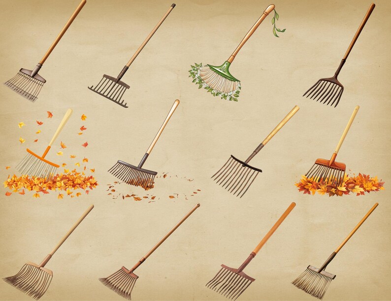 Rake Clipart Bundle, 30 PNG Files, Digital Print Pretty Rake for ...