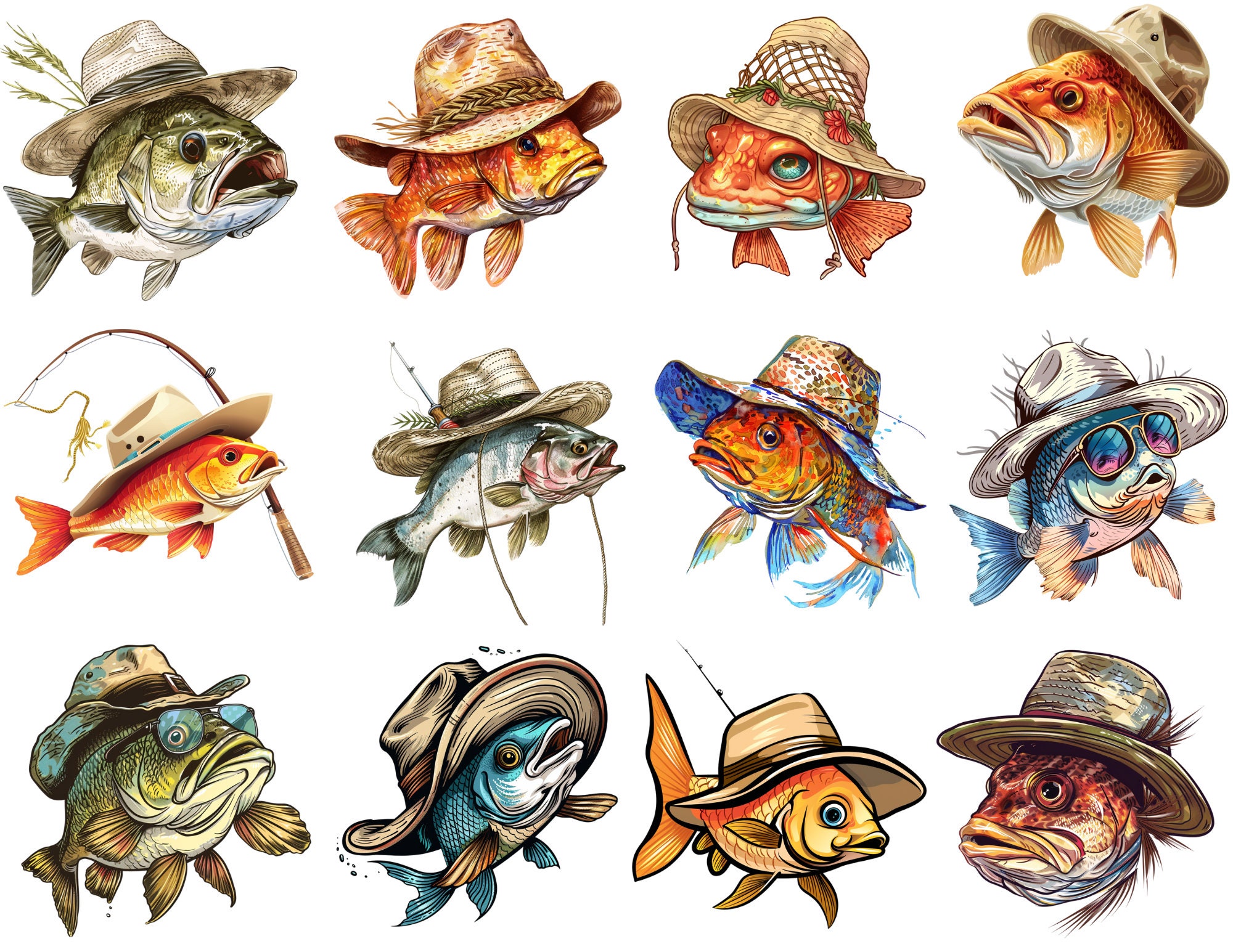 Clipart Fishing Hats | Fishing Hats PNG | Digital Print Fishing Hats ...