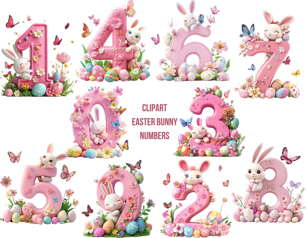 Easter Bunny Numbers Clipart,cute Spring Numbers PNG, Pastel Egg ...