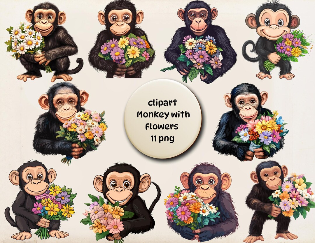 Cute Monkey Clipart Bundle, Monkeys With Flowers PNG, Digital Bouquet ...