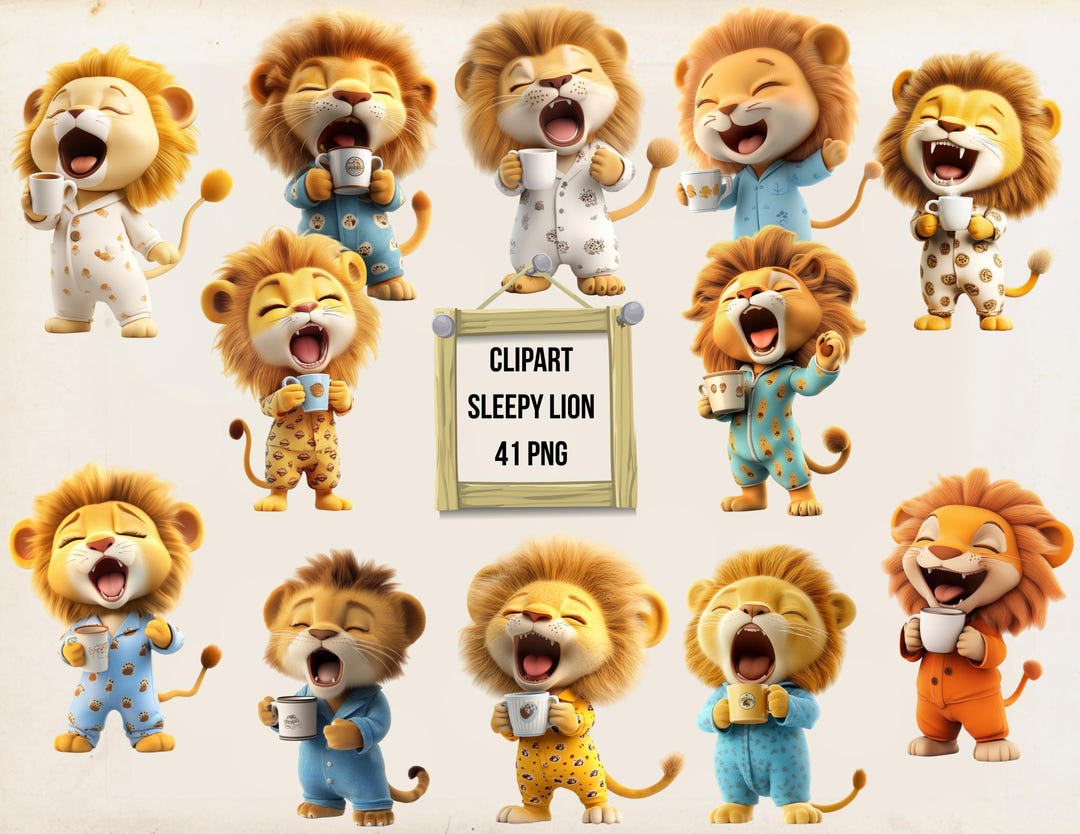 Sleepy Lion Clipart Bundle, Cute Coffee Lions in Pajamas PNG, Digital ...