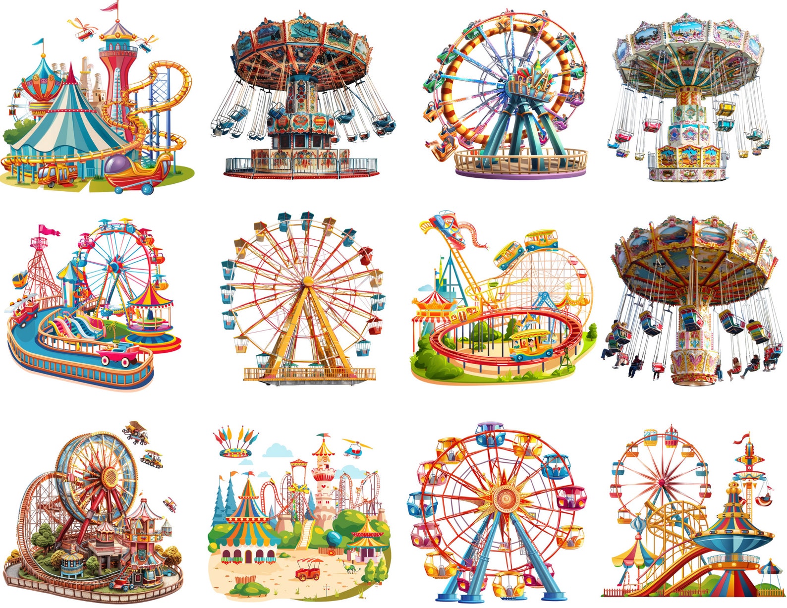 Amusement Park Clipart Bundle, Carnival Rides PNG Set (instant Download ...