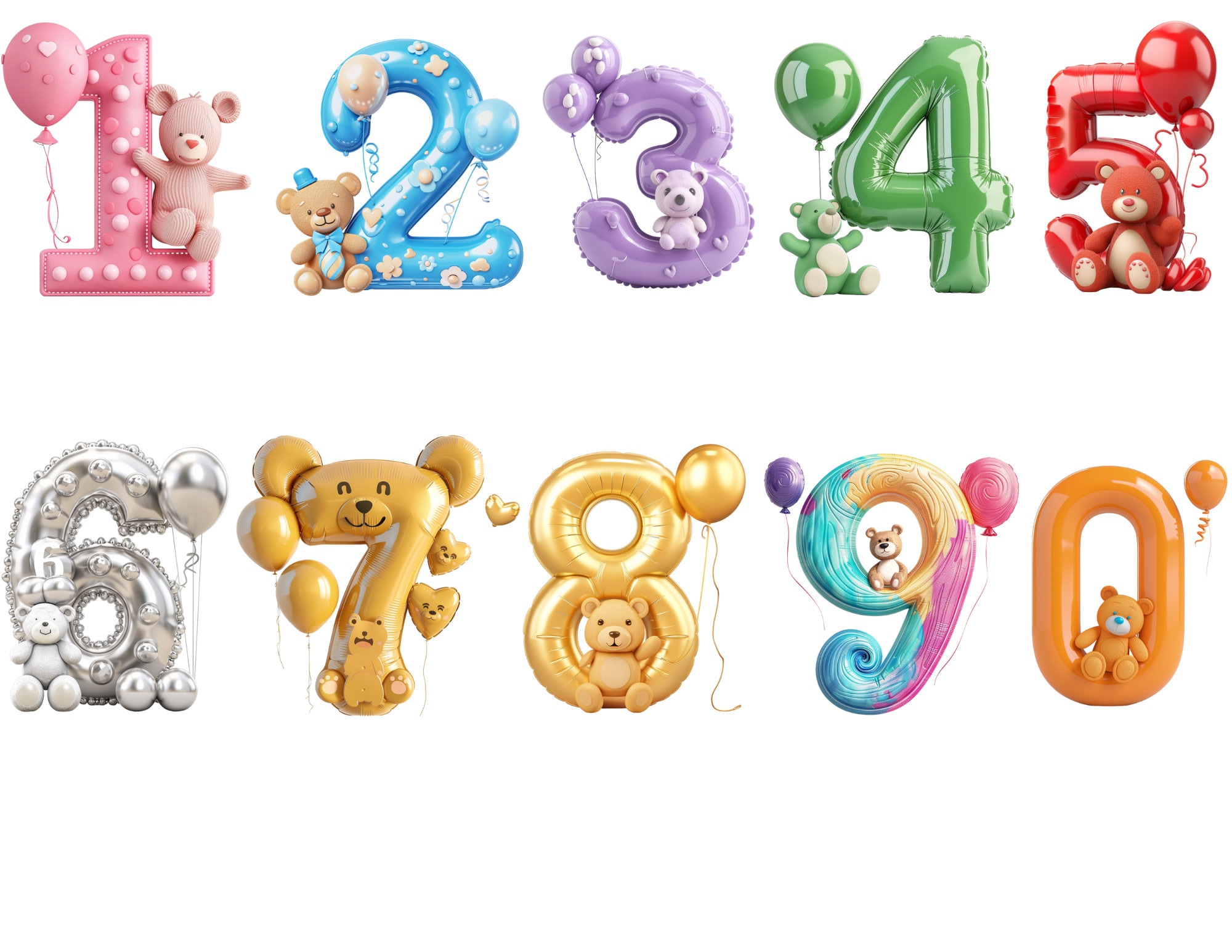 Teddy Bear Numbers Clipart, Balloon Number PNG, Cute Baby Numbers, 0-9 ...