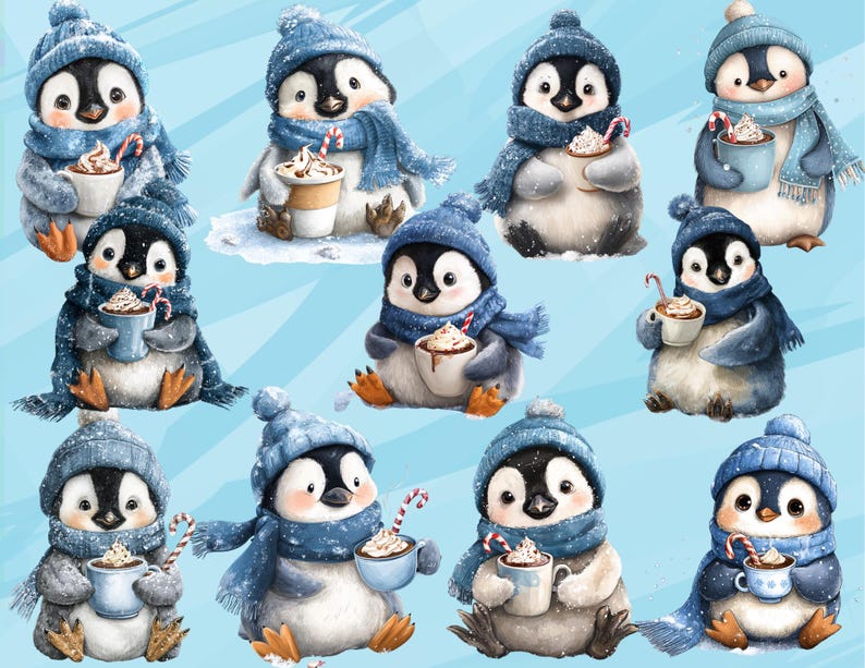 Winter Penguin Clipart Bundle, Cute Penguin PNG, Hot Cocoa Penguin Art ...