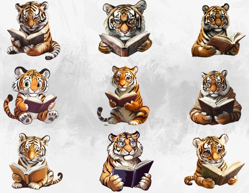Clipart Tiger Reading Books 50 Pngs | Cute Animal Digital Art ...
