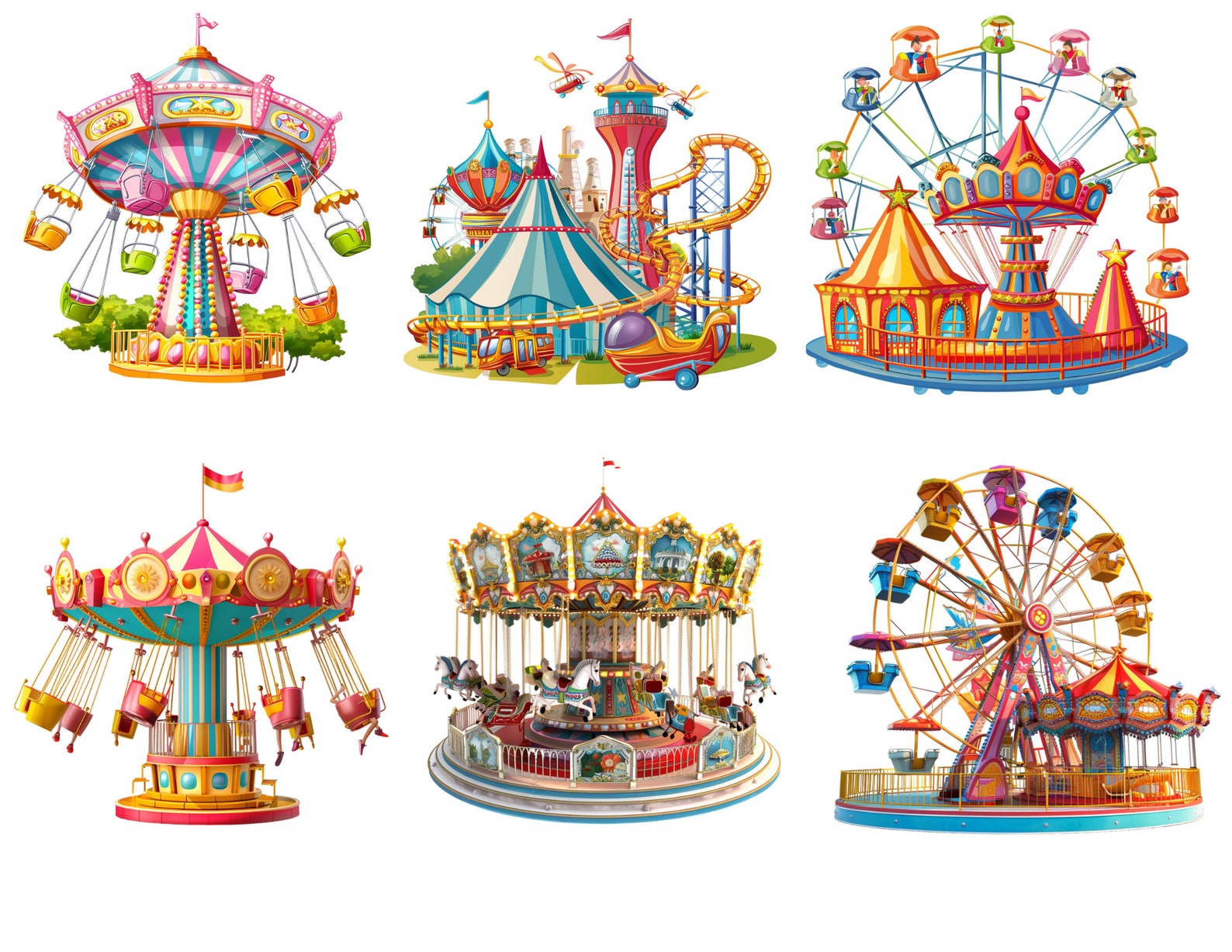 Amusement Park Clipart Bundle, Carnival Rides PNG Set (instant Download ...