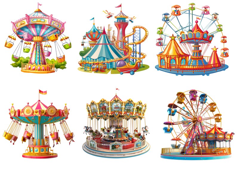 Amusement Park Clipart Bundle, Carnival Rides PNG, Digital Print ...