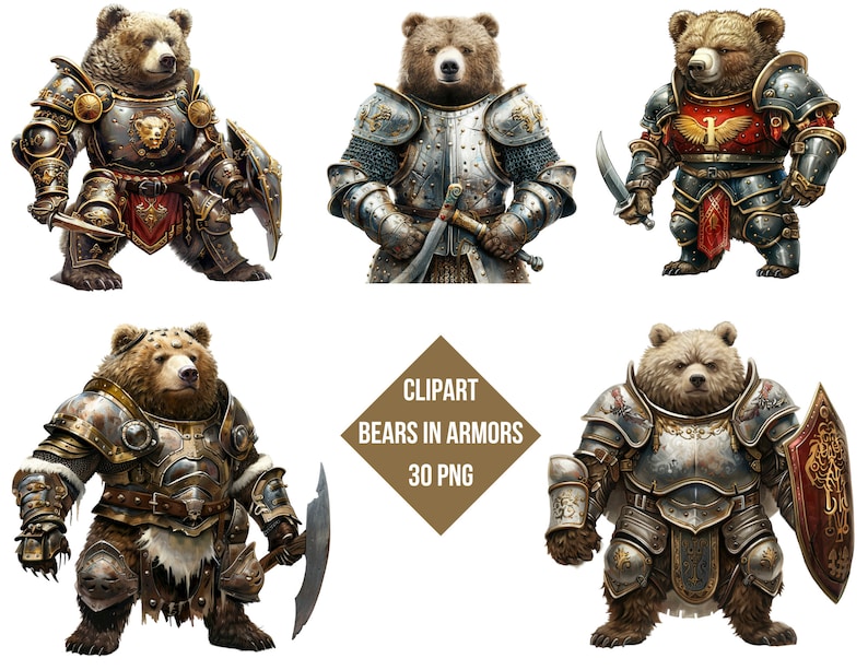 Clipart Bears in Armors | Bears in Armors PNG | Digital Print Bears in ...