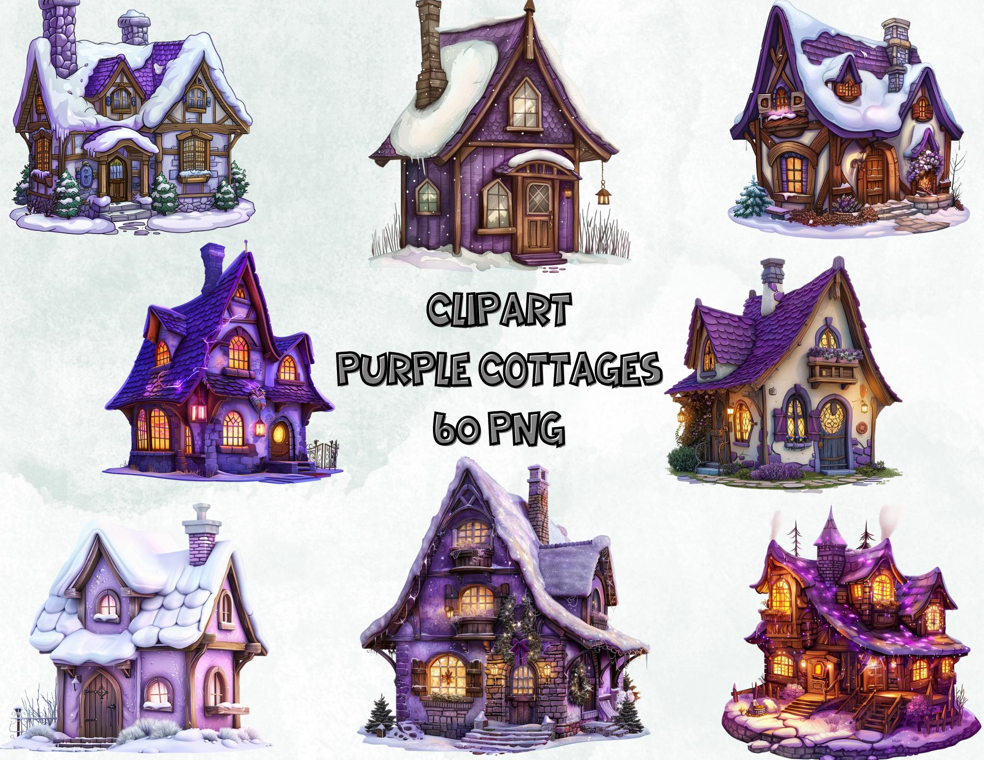 Purple Cottages Clipart | 60 PNG Files | Snowy Houses PNG | Digital ...