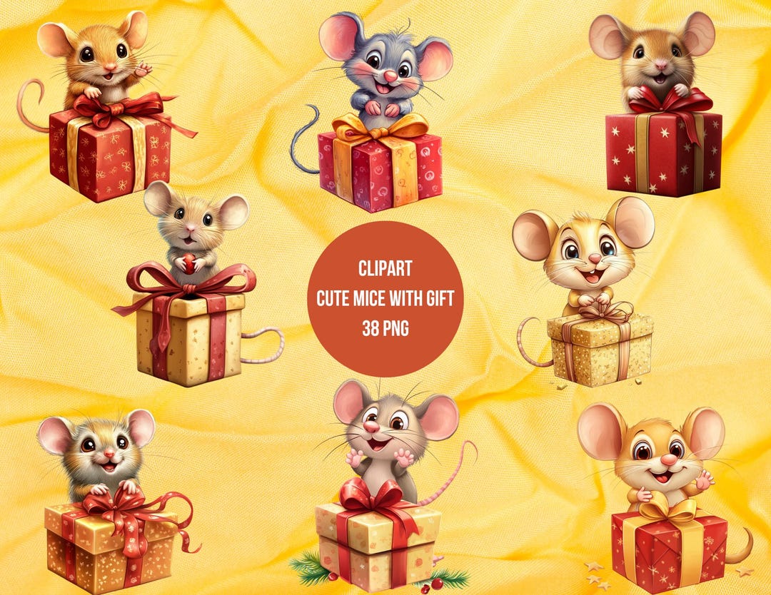 Cute Mice With Gift Clipart, Party Decor PNG | Adorable Mice Clip Art ...