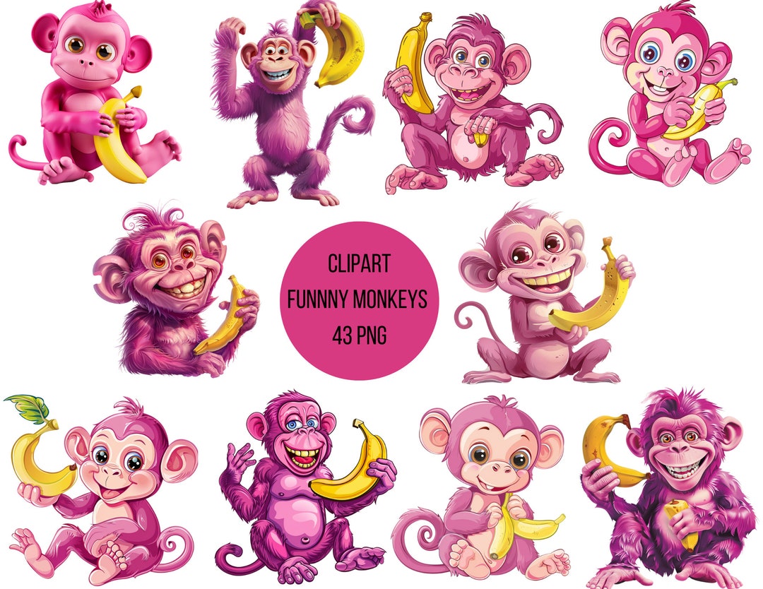Clipart Pink Monkey Paradise | Adorable Pink Monkeys With Bananas PNG ...