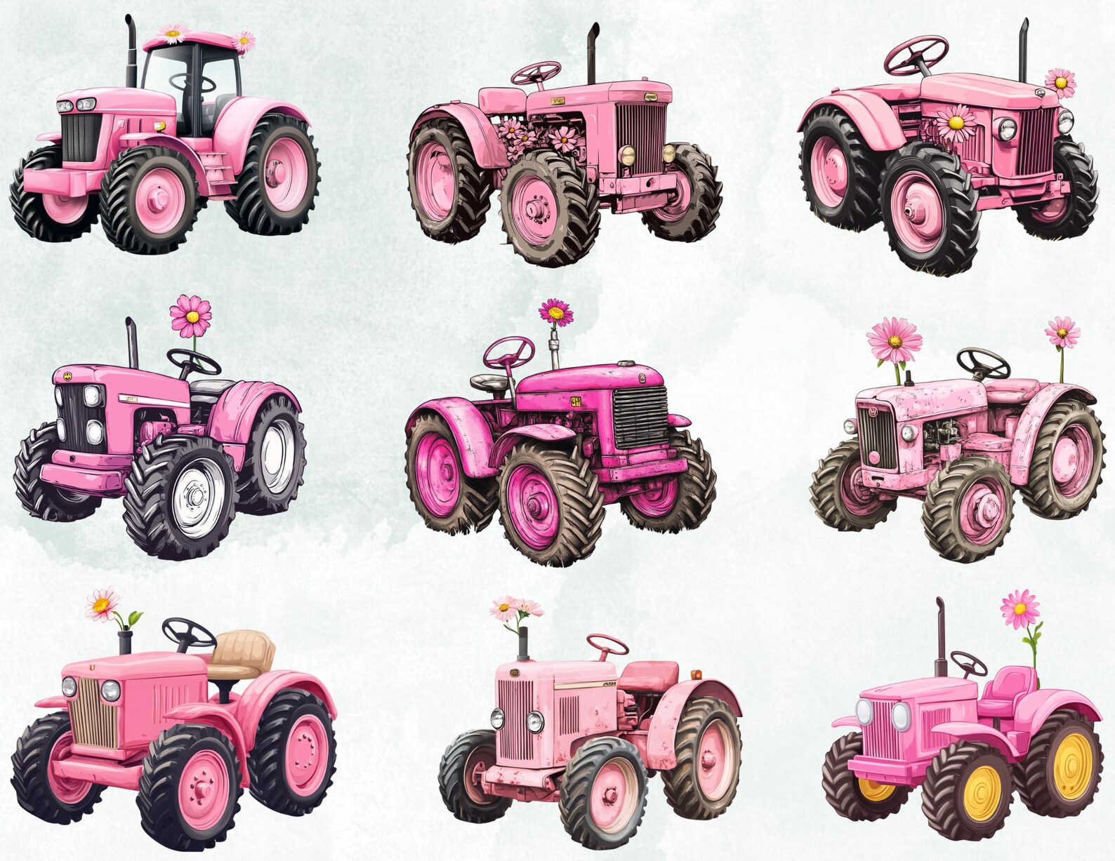 Clipart Pink Tractors, Tractors With Flowers 36 PNG, Digital Print Cute ...